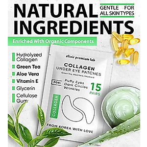 Elixir Premium Lab Collagen & Green Tea Under Eye Patches with Cooling Effect - Reduce Wrinkles, Dark Circles, and Under Eye Bags - 15 Pairs
