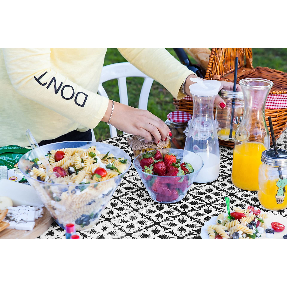 TopTableCloth 5 Foot 60 x 30 inch Black Patterned Tablecloth Elastic Corner Fitted Rectangular Folding Vinyl Table Cover Cloth Xmas Plastic Waterproof Picnic Party Home for Indoor and Outdoor Use