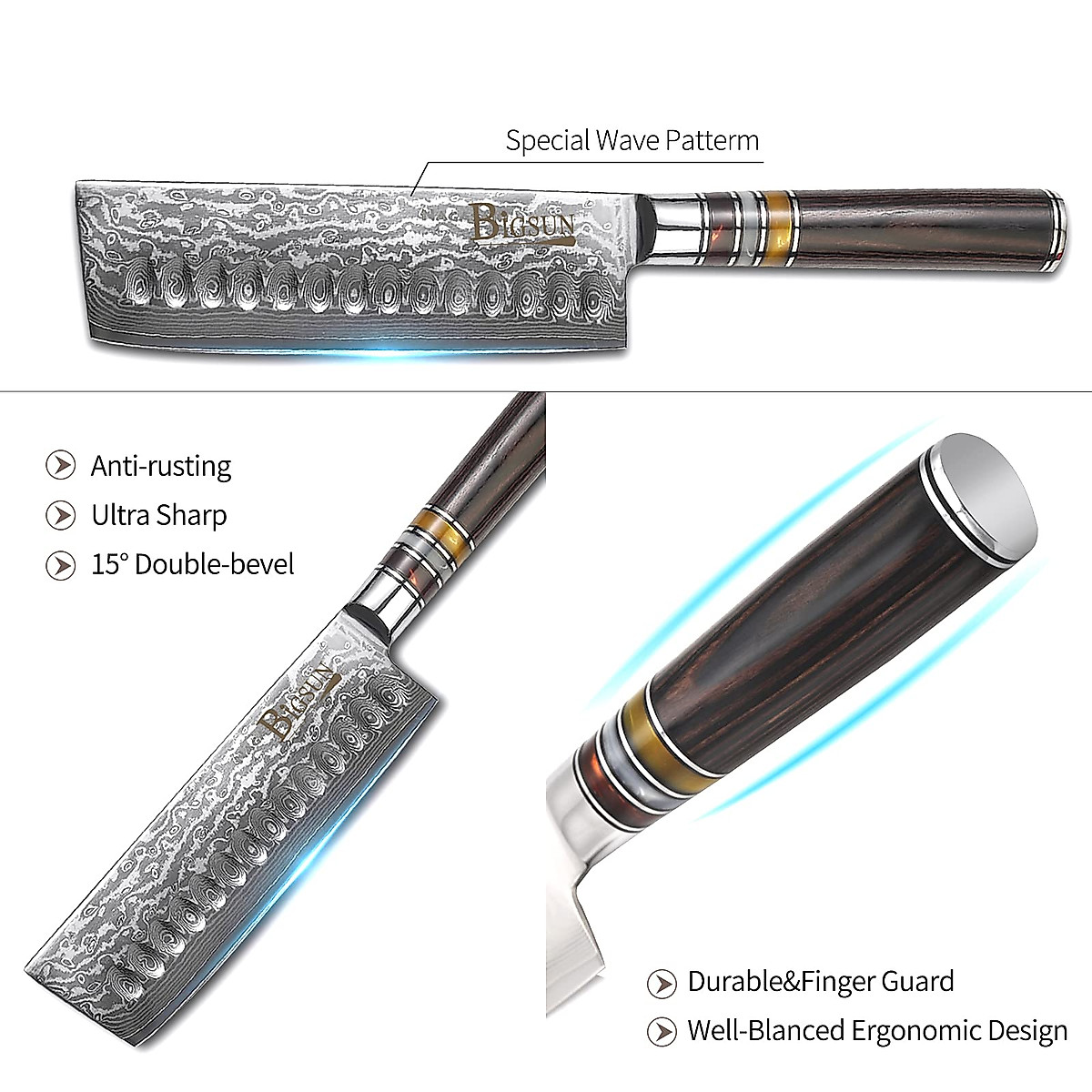 Bigsun Chef Gyutou Knife 67 Layers VG 10 Forged High Carbon Damascus Steel Kitchen cooking Knives with Resin Honeycomb Design Handle (7Inch Nakiri Knife, Brown)