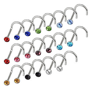 cnomg 20 pieces 316L Stainless Steel Rhinestone Nose Stud Rings Body Piercing- 10 Mixed Color 2.2 MM
