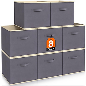 Lifewit 13 Inch Cube Storage Bins, Storage Cubes Foldable Medium Decorative Fabric Storage Baskets for Organizing Home Organizers with Handles for Shelves, Closet, Set of 8, Grey