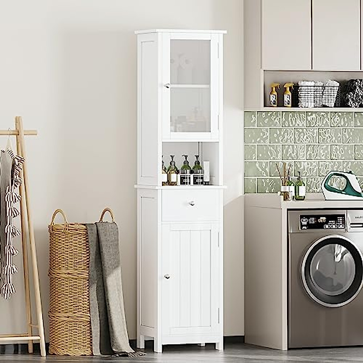 Rovaurx Tall Bathroom Floor Cabinet with Glass Doors, Narrow FreeStanding Storage Cabinet with Adjustable Shelf, Wooden Bathroom Storage Cabinet, Pantry with Drawer, White BMGZ105W