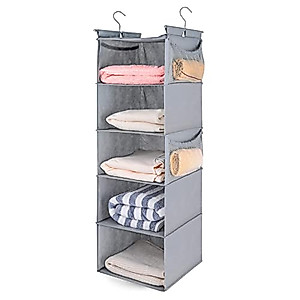 MAX Houser 5 Shelf Hanging Closet Organizer,Space Saver, Closet Hanging Shelves with (4) Side Pockets,Foldable,Light Grey