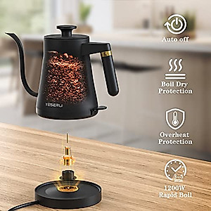 YESERLI Electric Gooseneck Kettle,1200W Electric Kettle 1L for Pour-Over Coffee & Tea, Precise Water Flow, Auto Shutoff & Anti-dry Protection, Ergonomic Handle Design, 100% 304 Stainless Steel, 1L