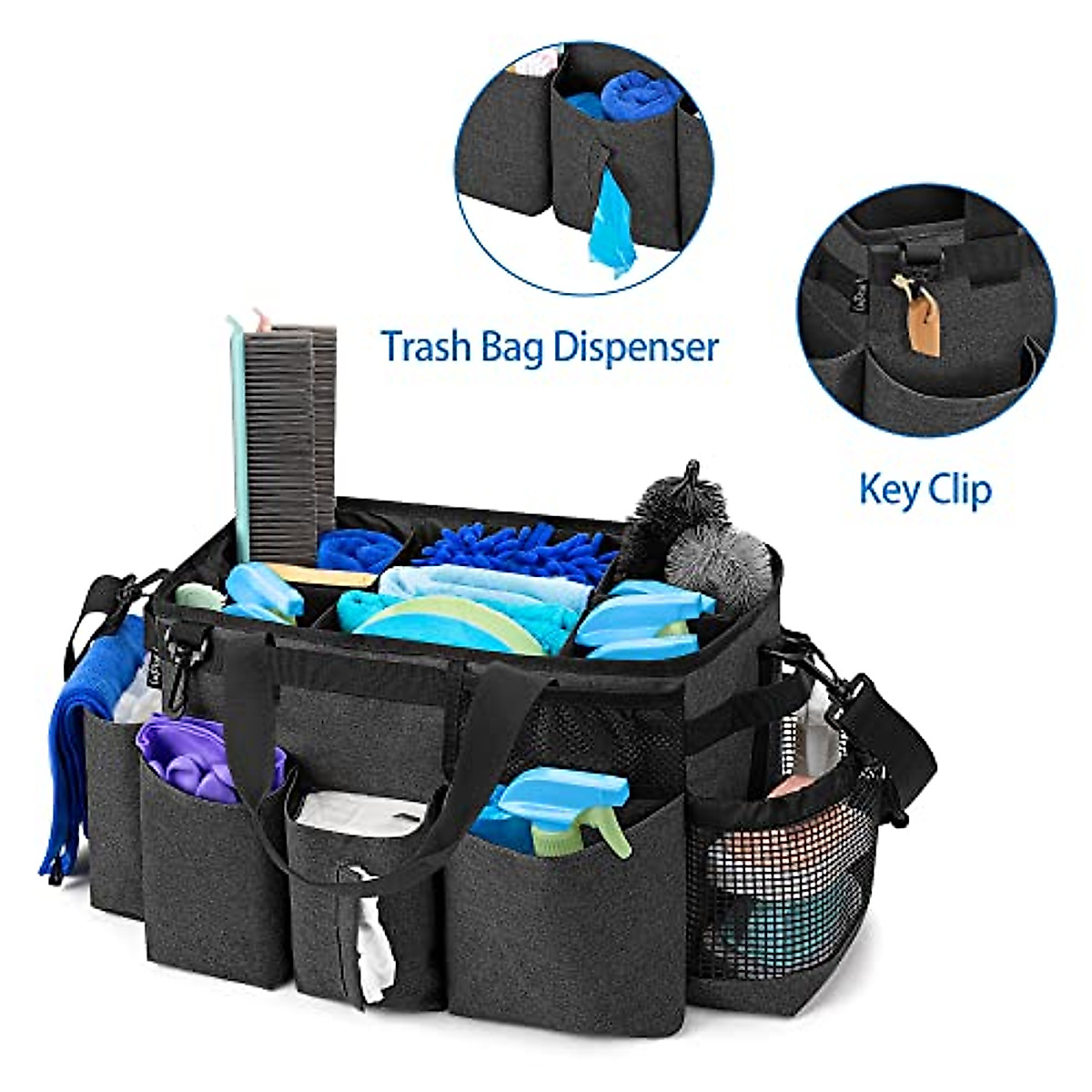 LoDrid Wearable Cleaning Caddy Bag with 4 Foldable Dividers, Cleaning Supply Tote for Cleaning Supplies, Cleaning Organizer with Shoulder Strap and Side Handles for Cleaners & Housekeepers, Black