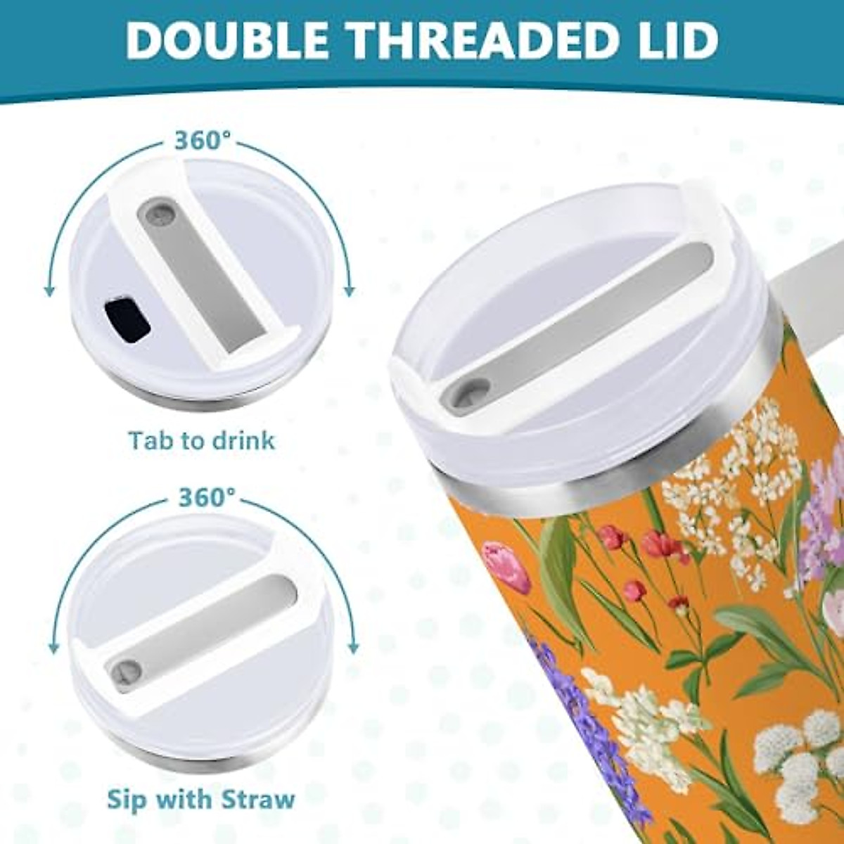 linqin Flower Peony Orange Vacuum Tumbler Insulated with Straw Lid 30 oz Water Bottle with Handle Reusable Mug with Handle for Water, Iced Tea or Coffee