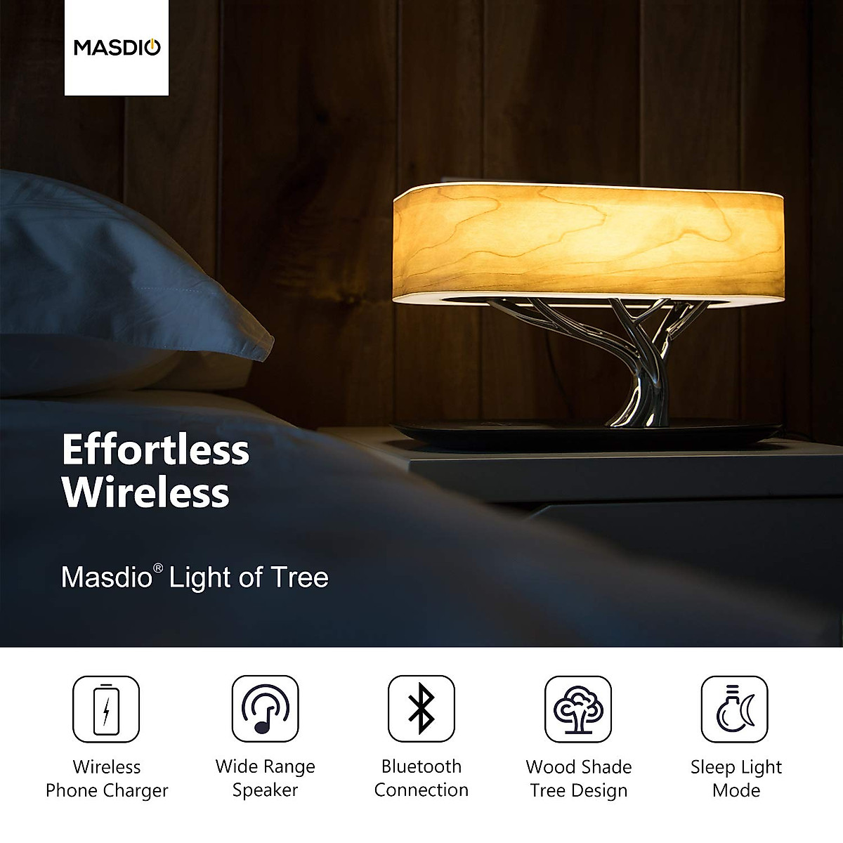 AMPULLA Masdio by Ampulla Bedside Lamp with Bluetooth Speaker and Wireless Charger, Table Lamp Desk Lamp with Sleep Mode Stepless Dimming