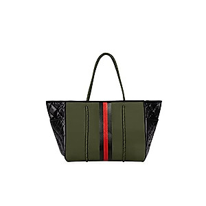 Haute Shore - Greyson Avenue Neoprene Tote Bag w/Zipper Wristlet Inside, Army W/Black & Red Stripe