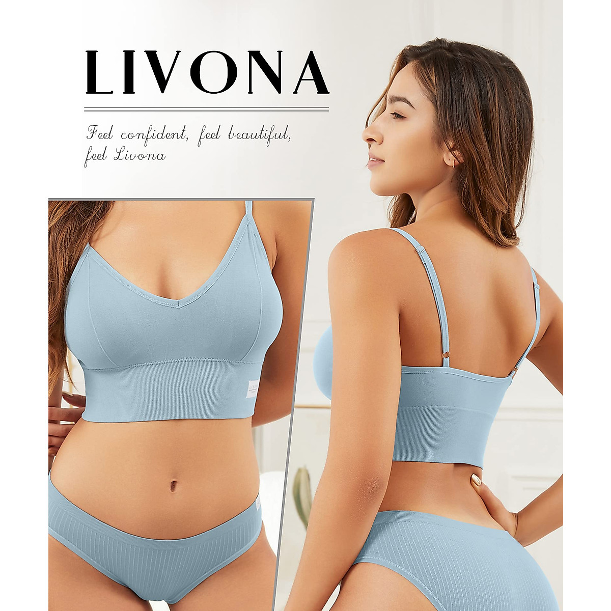 Livona 3 Pack Longline Sports Bra for Women- Soft Wireless Bra, Padded Seamless Bralette, Stretch Crop Cami Tank S-XXL