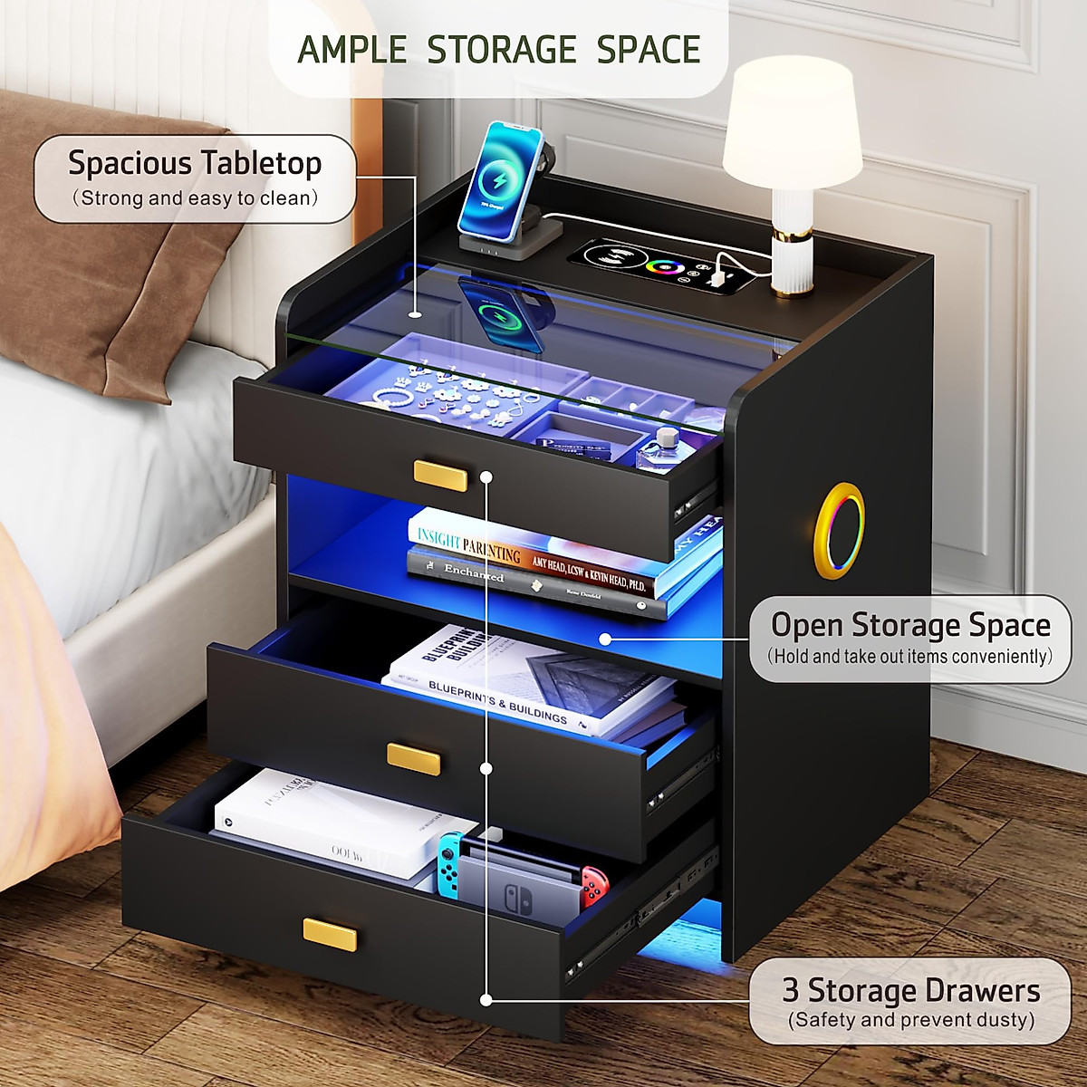 Nightstands with LED Lights, Smart Night Stand with Bluetooth Speakers & Body sensors, Modern Side Tables with Wireless Charging Stations,Black Bedside Table with Drawers (Black)