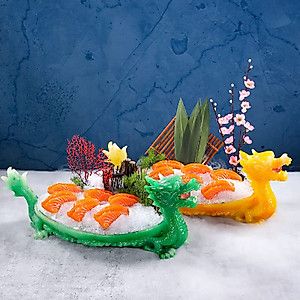 2 PCS Resin Dragon Sushi Boat Serving Tray Set, 21.3Inch Seafood Plate, Japanese Food Tableware, Salmon Platter, Dry Ice Plate, Large Sushi Boat Plate for Sashimi Board Seafood Party, Gold/Green