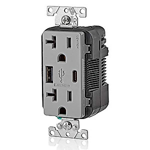 Leviton T5833-GY 20-Amp Type-C USB Charger/Tamper Resistant Receptacle, Gray
