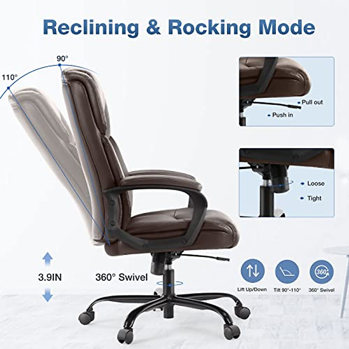 Office Chair - Ergonomic Home Office Chair High Back Executive Computer Desk Chair, Adjustable Height and Tilt Swivel Rocking PU Leather Comfortable Chairs with Wheels Armrest for Adults, Brown