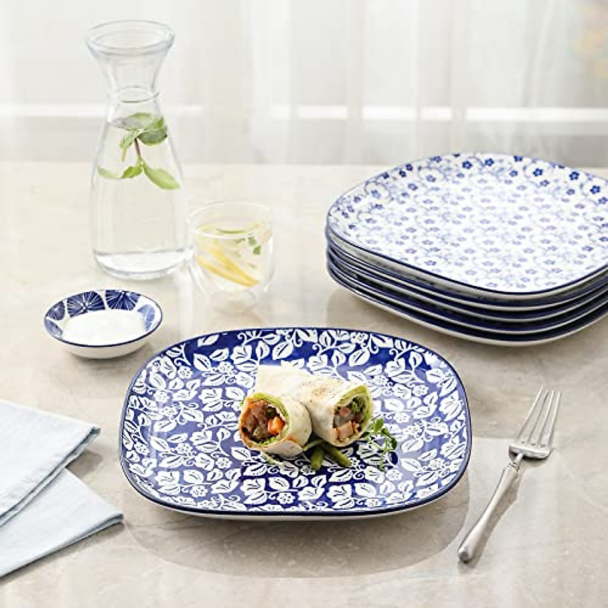 Selamica Porcelain Square Dessert Salad Pasta Plates 7.6 inches ceramic plates set of 6 microwave/dishwasher/oven safe, Vintage Blue