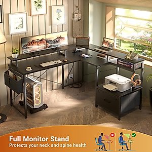 Unikito L Shaped Desk with File Drawer, Reversible L Shaped Computer Desk with Power Outlet & LED Lights, Home Office Desk Corner Desk with Monitor Shelf and Printer Cabinet, Gaming Desk, Black