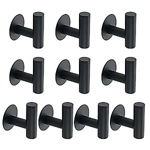 Alise 10 Pcs Self-Adhesive Utility Hooks Coat Hook Single Towel Clothes Hooks for Bathroom Kitchen Wardrobe Window Glass Door Garage,Free-Drilling Stainless Steel Matte Black