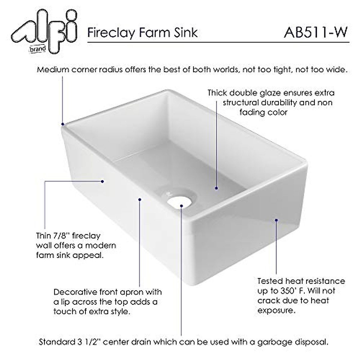 ALFI brand AB511 White 30-Inch Decorative Lip Single Bowl Fireclay Farmhouse Kitchen Sink, White