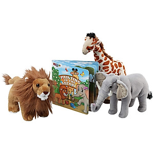 Safari Animals Plush and Book Set - Stuffed Animals of 3 Savanna Animals Storybook- 12” Set Includes Lion, Giraffe and Elephant Colorful Children Book