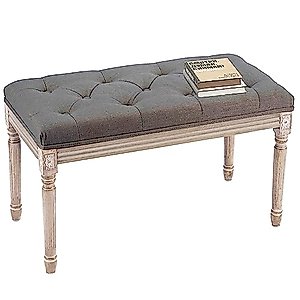 Yusong Upholstered Bench,Bedroom Bench for End of Bed,Piano Bench Dining Bench Entryway Shoe Bench with Button Tufted Padded Seat for Living Room, Vanity Bench Foot-Stool with Carved Wood Legs,Grey