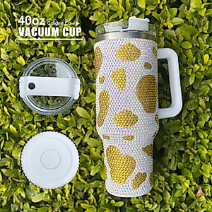 Cupcupmore 40oz Golden Cow Bling Rhinestone Stainless Steel Sippy Tumbler Glitter Vacuum Insulated Water Bottle with Straw & Lid & Handle,Thermos for Hot & Cold Drinks,Car Cup Holder,Coffee
