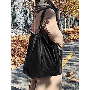 Women Corduroy Tote Bag With Zipper, Large Shoulder Hobo Bags Casual Cute Handbags Big Capacity Travel Shopping Work Bag Aesthetic With Pocket