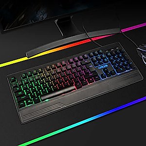 CHONCHOW Ergonomic LED Rainbow Keyboard for Game and Work, USB Wired Light Up Backlit Gaming Keyboard with Wrist Rest, 104 Key Quiet RGB Keyboard for PC Xbox PS4 PS5 Laptop