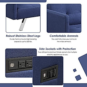 Giantex Convertible Futon Sofa, Modern 3 Seat Sofa Bed with USB and Power Strip, Folding Loveseat, Linen Fabric Lounge Couch for Apartment Dorm, Easy Assembly (Blue)