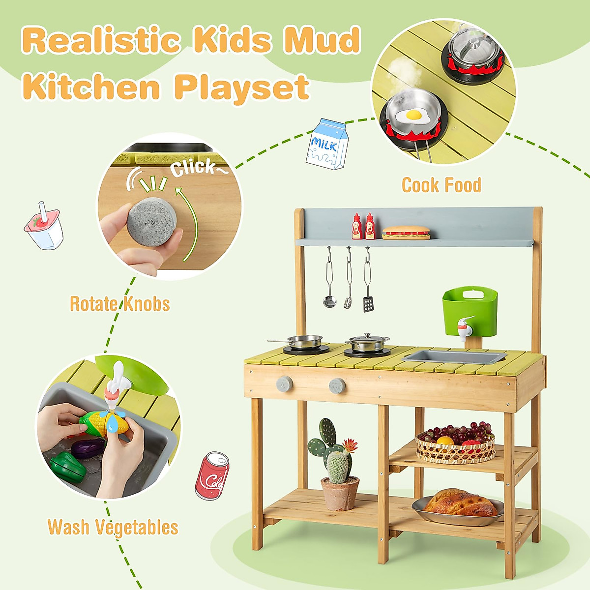 HONEY JOY Mud Kitchen, Fir Wooden Mud Table Play Kitchen for Toddlers, Running Water, Removable Sink, Kids Outdoor Kitchen Playset, Mud Kitchen for Kids Outdoor, Gift for Boys Girls