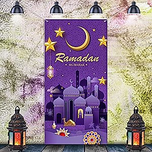 Ramadan Mubarak Decorations Door Banner Eid Mubarak Door Cover Fabric Ramadan Mubarak Backdrop Banner for Indoor Outdoor Decoration Eid Al-fitr Party Supplies, 71 x 35 Inches