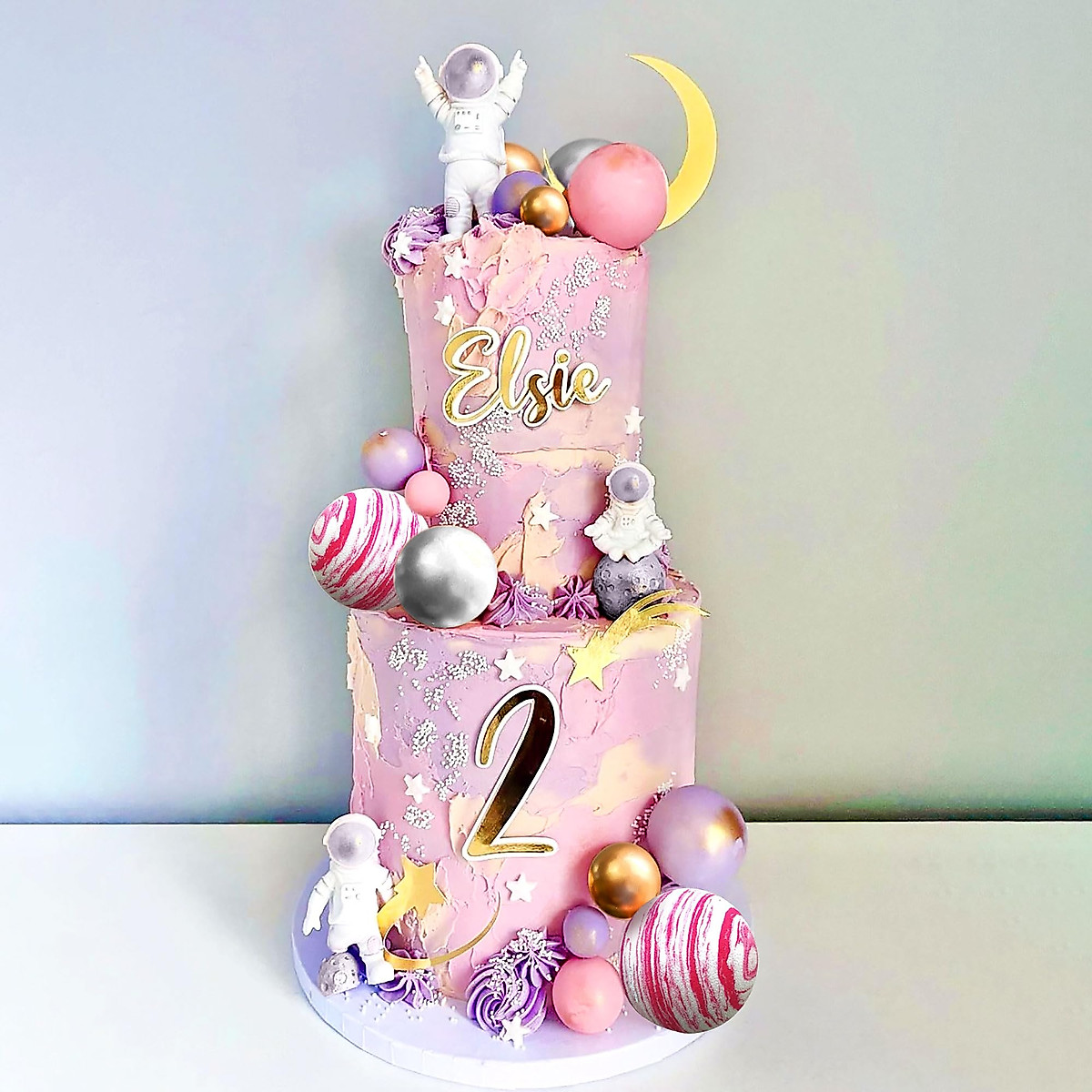 LaVenty Pink Space Cake Toppers Outer Space Astronaut Rocket Stars Cake Decorations for Birthday Party Supplies Baby Shower