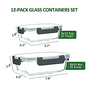 KOMUEE 12 Packs Glass Meal Prep Containers Set, Glass Food Storage Containers with Locking Lids, Airtight Glass Lunch Containers, BPA Free, Microwave, Oven, Freezer & Dishwasher Friendly，Gray