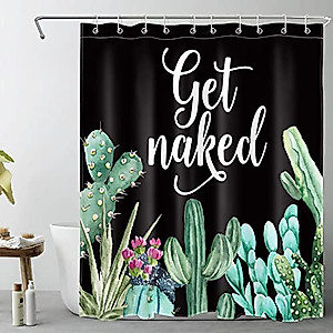 LB Sage Green Cactus Plant Shower Curtain Decor,Purple Flower and Succulent Botanical on Black Shower Curtains for Bathroom 60X72 inch Polyester Fabric Bathroom Decoration Bath Curtains Hooks Included