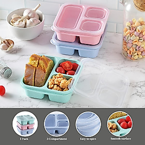 MONGSEW 3PCS Stackable Snack Box with 3 Compartments, Lunch Containers & Bento Box for Kids and Adults (3Pack, 3Colors)