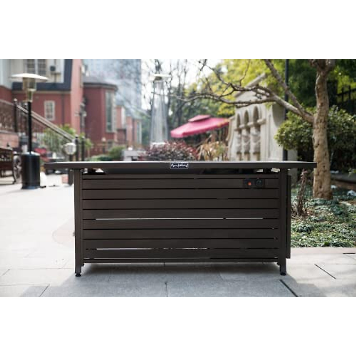 KOIECETA 57in Outdoor Gas Propane Fire Pits Table, Aluminum, 50000BTU Firepit Fireplace Dinning Table with Lid, Fire Glass, Retangular, ETL Certification, for Garden Backyard Deck Patio-Mocha