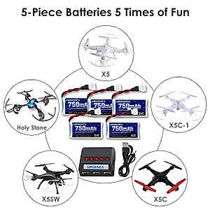 URGENEX 3.7V Lipo Battery 750mAh 25C Rechargeable 5 Pack Lipo Batteries with Molex Plug 5 in 1 Charger for Syma X5 X5SW X5C X5C1 RC Quadcopter Drone Spare Parts