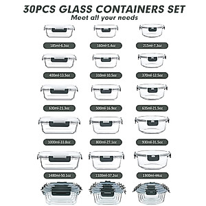 VERONES 30 Pieces Glass Meal Prep Containers Set, Airtight Glass Lunch Containers, Stackable Glass Food Storage Containers with Lids, for Microwave, Oven, Freezer & Dishwasher Friendly,Gray