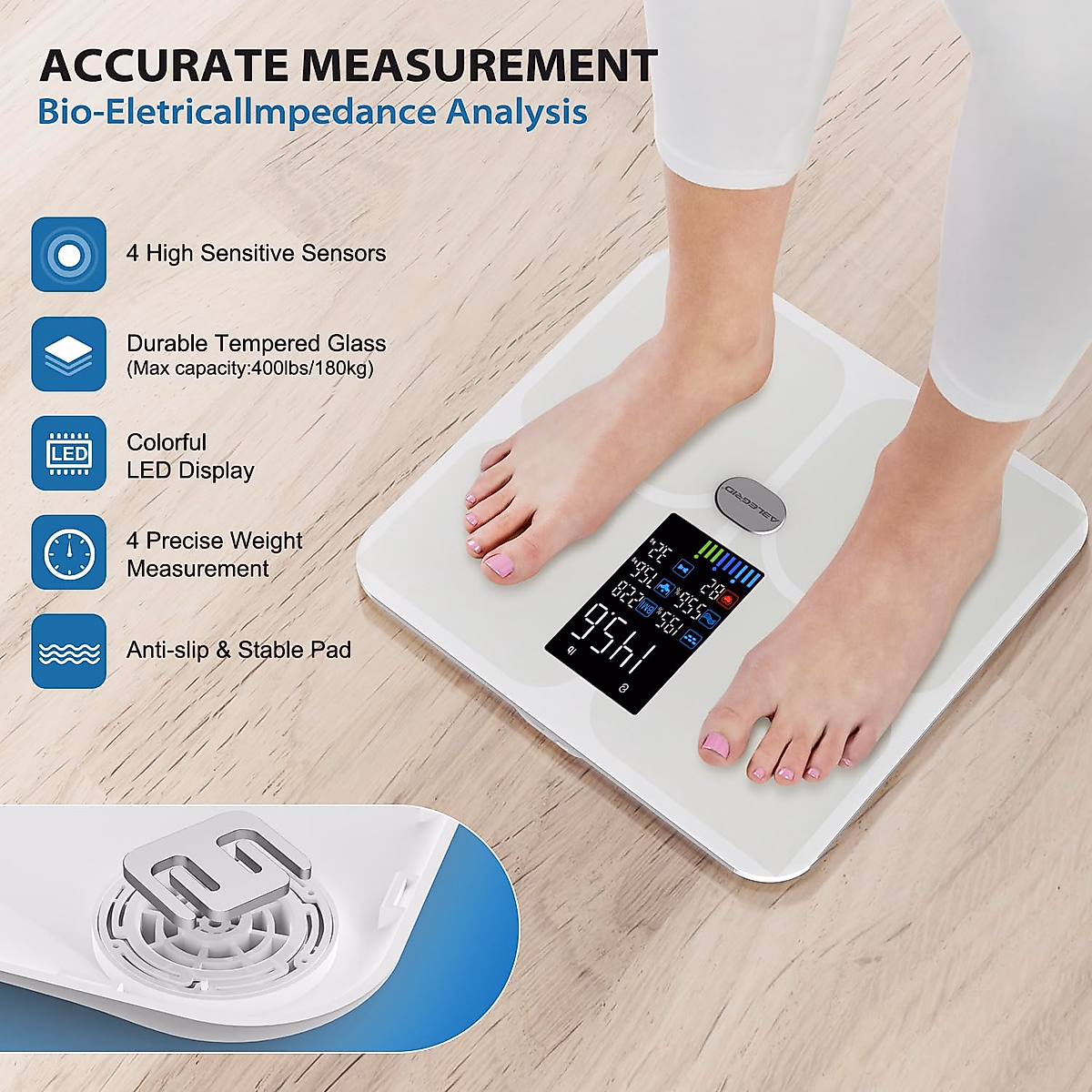 Body Fat Scale, ABLEGRID Digital Smart Bathroom Scale for Body Weight, Large LCD Display Screen, 16 Body Composition Metrics BMI, Water Weigh, Heart Rate, Baby Mode, 400lb, Rechargeable (White)