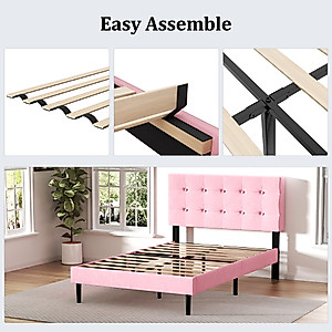 UNIZONE Full Size Bed Frame with Button Tufted Upholstered Headboard, Velvet Platform Bed with Wood Slats Support, Mattress Foundation, No Box Spring Needed, Easy Assembly, Pink