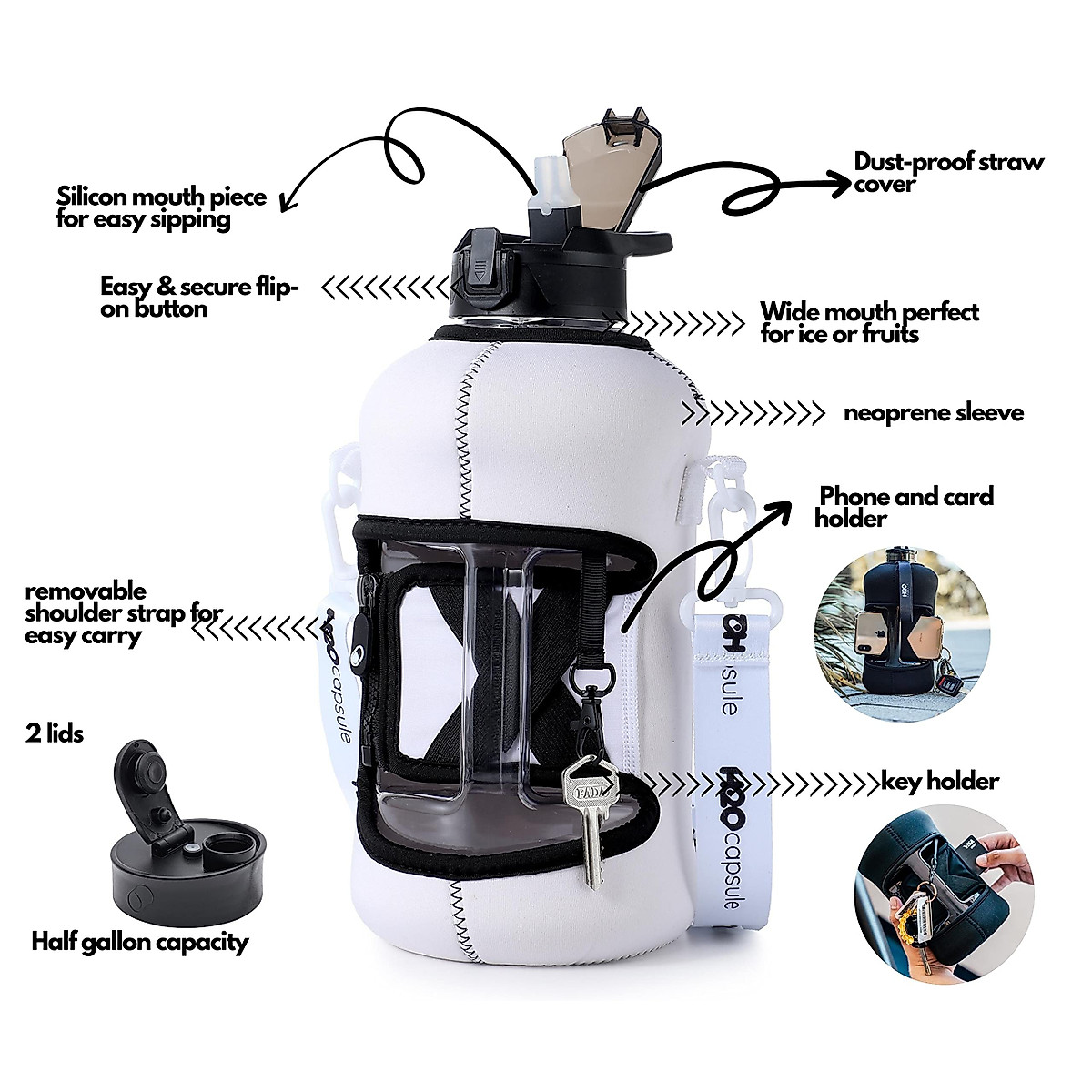 H2O Capsule 2.2L Half Gallon Water Bottle with Storage Sleeve and Covered Straw Lid – BPA Free Large Reusable Drink Container with Handle - Big Sports Jug, 2.2 Liter (74 Ounce) Canvas White