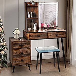 CHARMAID Vanity Set with Dimmable Lighted Mirror, 3 Lighting Modes, Human Body Induction, Side Cabinet, 2 Drawers, Storage Shelves, Cosmetic Tray, Makeup Table Dressing Desk with Stool (Rustic Brown)