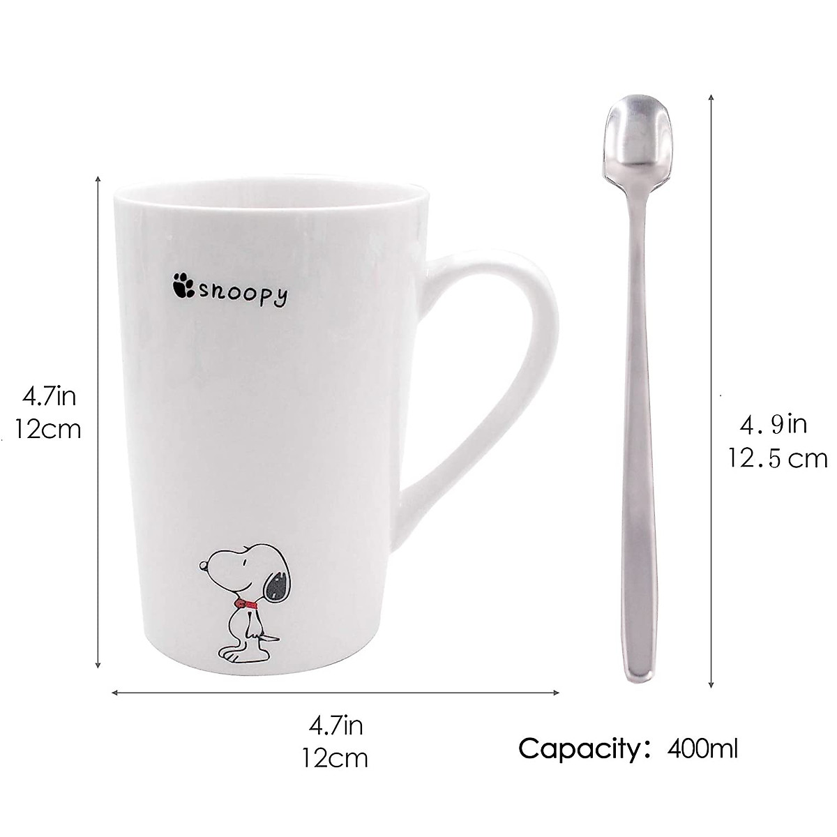 FINEX Random Style Snoopy White Ceramic Coffee Mug Water Cup Set with Lid and Spoon