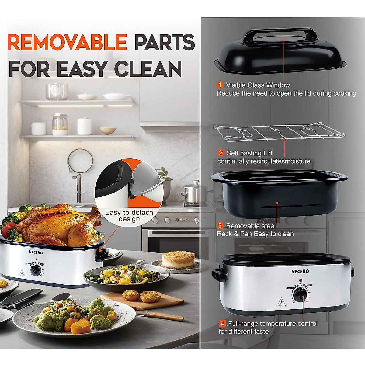 NECERO Roaster Oven,26Qt Electric Roaster Oven with Self-Basting Lid, Removable Pan, Cool-Touch Handles, 1450W Stainless Steel Roaster Oven, Silver