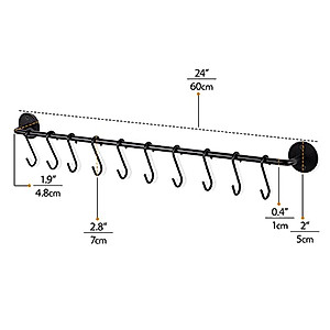 Wallniture 24" Gourmet Kitchen Rail for with 10 S Hooks for Hanging Utensils, Pot Pan Lid Rack Storage Organizer Set, Steel, Black