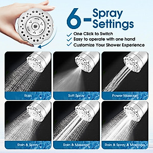 High Pressure Boosting Shower Head, ALOHOME 6 Powerful Spray Settings - Perfect for Low Water Pressure Homes, 3.6" Luxury Modern Chrome Finished Shower Head with 360° Adjustable Brass Ball Joint
