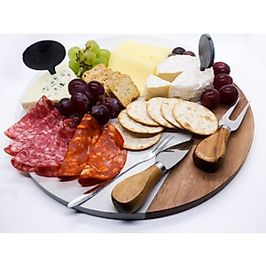 Cheffer Marble and Wood Cheese Board – Simple and Classy Round Charcuterie Boards with Cheese Knife Set, Cheese Marker, Forks – Acacia Wooden Board Serving – Sustainable Materials – 30cm