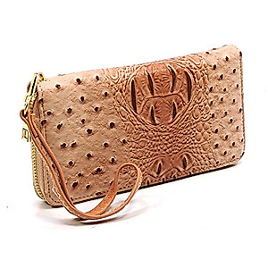 2 PC Set Ostrich Croco Embossed Vegan Faux Leather Hobo Shoulder Bag Classic Bucket Purse with Matching Wallet (BLUSH PINK)