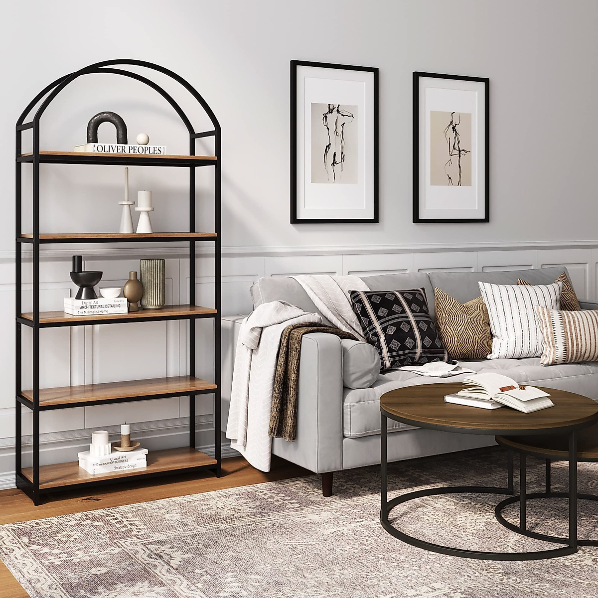 Nathan James Haven Etagere Bookshelf, 5-Shelf Bookcase in Oak Wood and Black Metal Frame with Arch Top and Open Shelves, Oak/Black