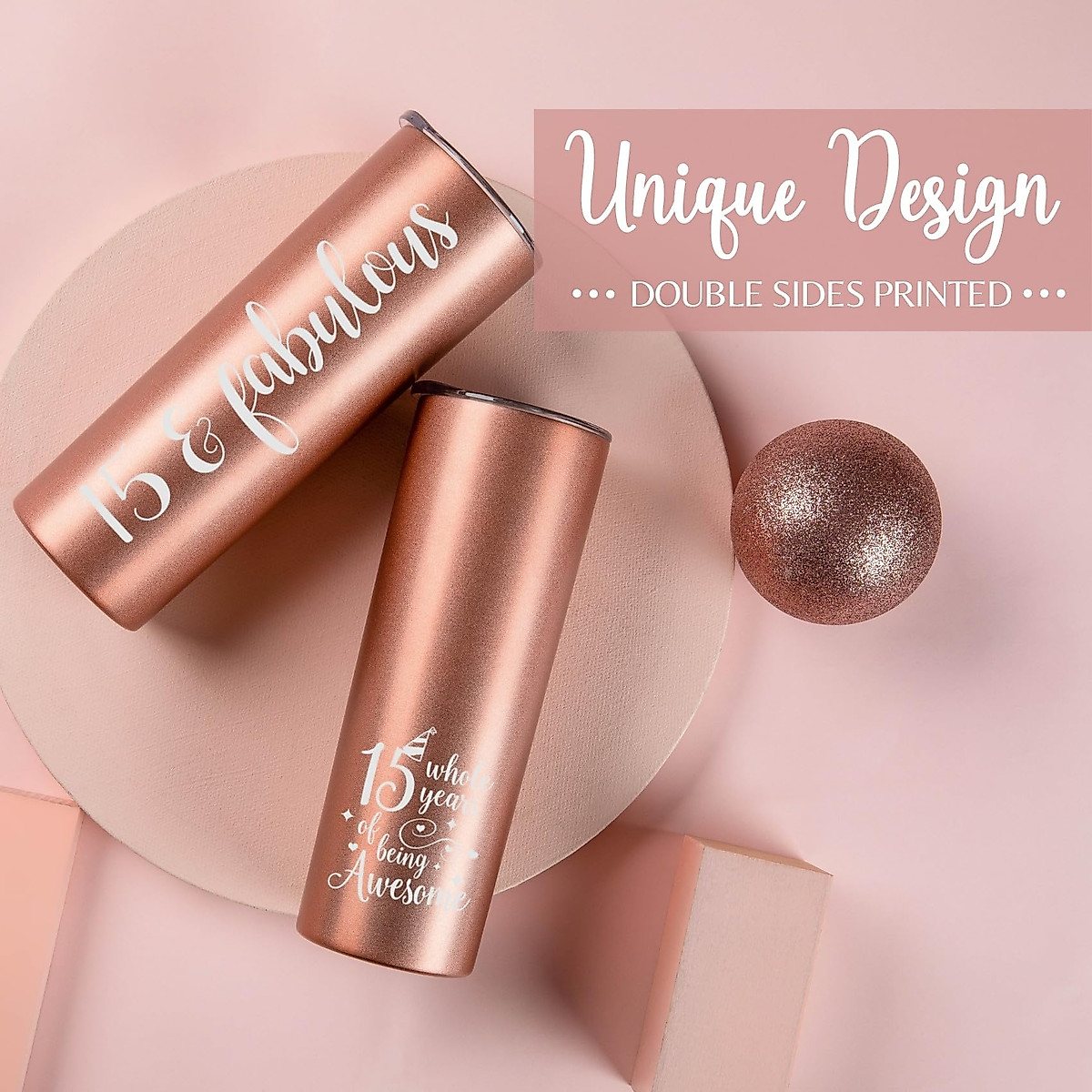 Onebttl Quinceanera Gifts, 15 Year Old Girl Gifts for Birthday, 15th Birthday Gifts for Girls, Female, Her - 20oz/590ml Stainless Steel Insulated Tumbler with Straw, Lid - 15 & Fabulous Rosegold