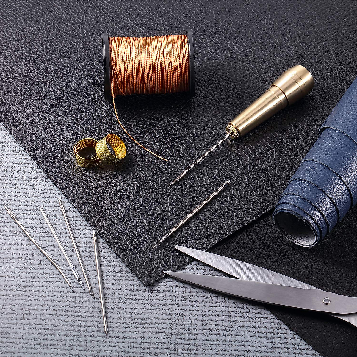 6 Pieces Canvas Leather Sewing Awl Needle with Copper Handle, 50 m Nylon Cord Thread and 2 Pieces Thimble for Handmade Leather Sewing Tools Shoe and Leather Repair
