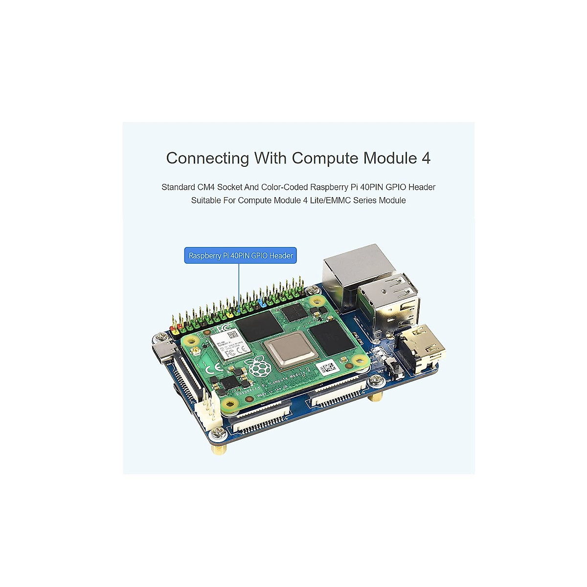 for Raspberry Pi Compute Module 4 IO Board,Mini Base Board (A) Lite Version with Standard CM4 Socket and Color-Coded Raspberry Pi 40PIN GPIO Header Onboard CSI/DSI/FAN/HDMI/USB/RJ45 Connectors